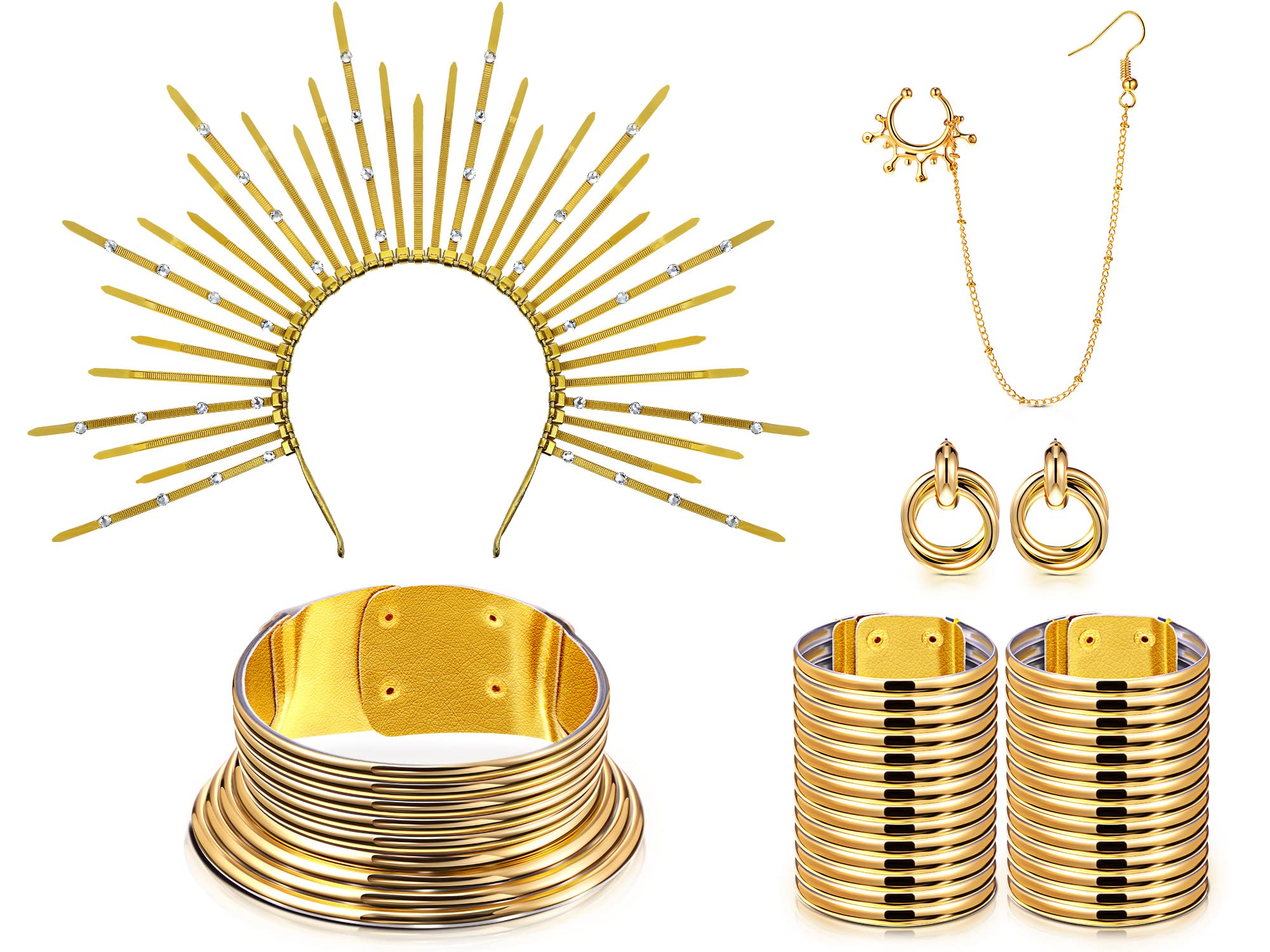 5 Pcs African Vintage Gold Flamboyant Jewelry Set Egypt Choker Bracelet African Nose Rings Hoop Chain Earrings Crown Headpiece Sunburst Spiked Headband for Women Costume Accessories Theme Party