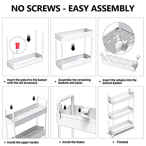 SOLEJAZZ Slim Storage Cart, 3 Tier Bathroom Cart Organizer Mobile Shelving Unit Rolling Utility Cart, Slide Out Organizer for Kitchen, Bathroom, Laundry, Narrow Places, White