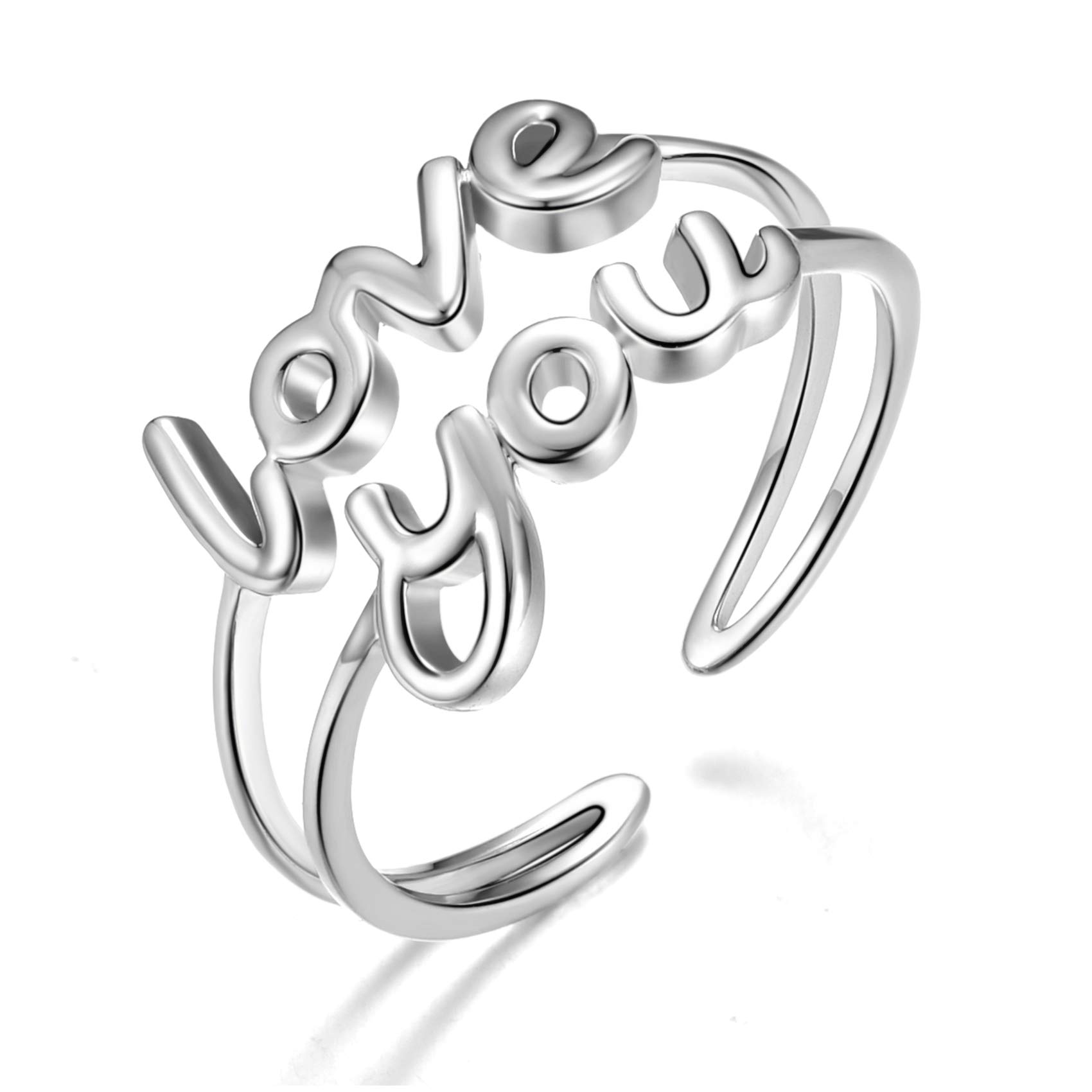 925 Sterling Silver Ring Simple Love Script Ring Silver Adjustable Open Rings for Women Men