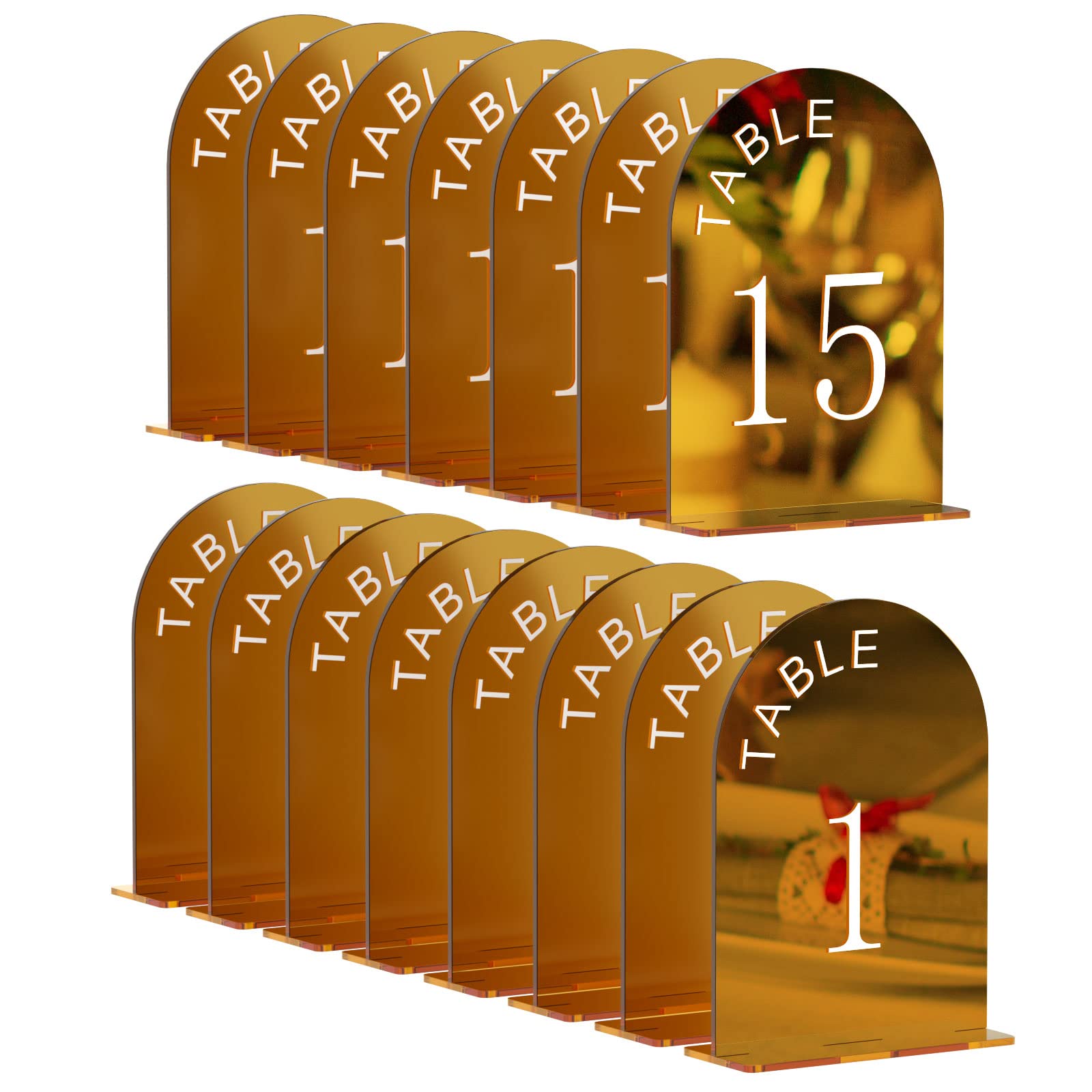 Nuggicet 15pcs Gold Mirror Table Numbers, 5"x7"Arch Wedding Table Numbers Stand for Any Party Occasion,Party Decoration,Modern Acrylic Table Sign Holderļ¼Number1-15ļ¼