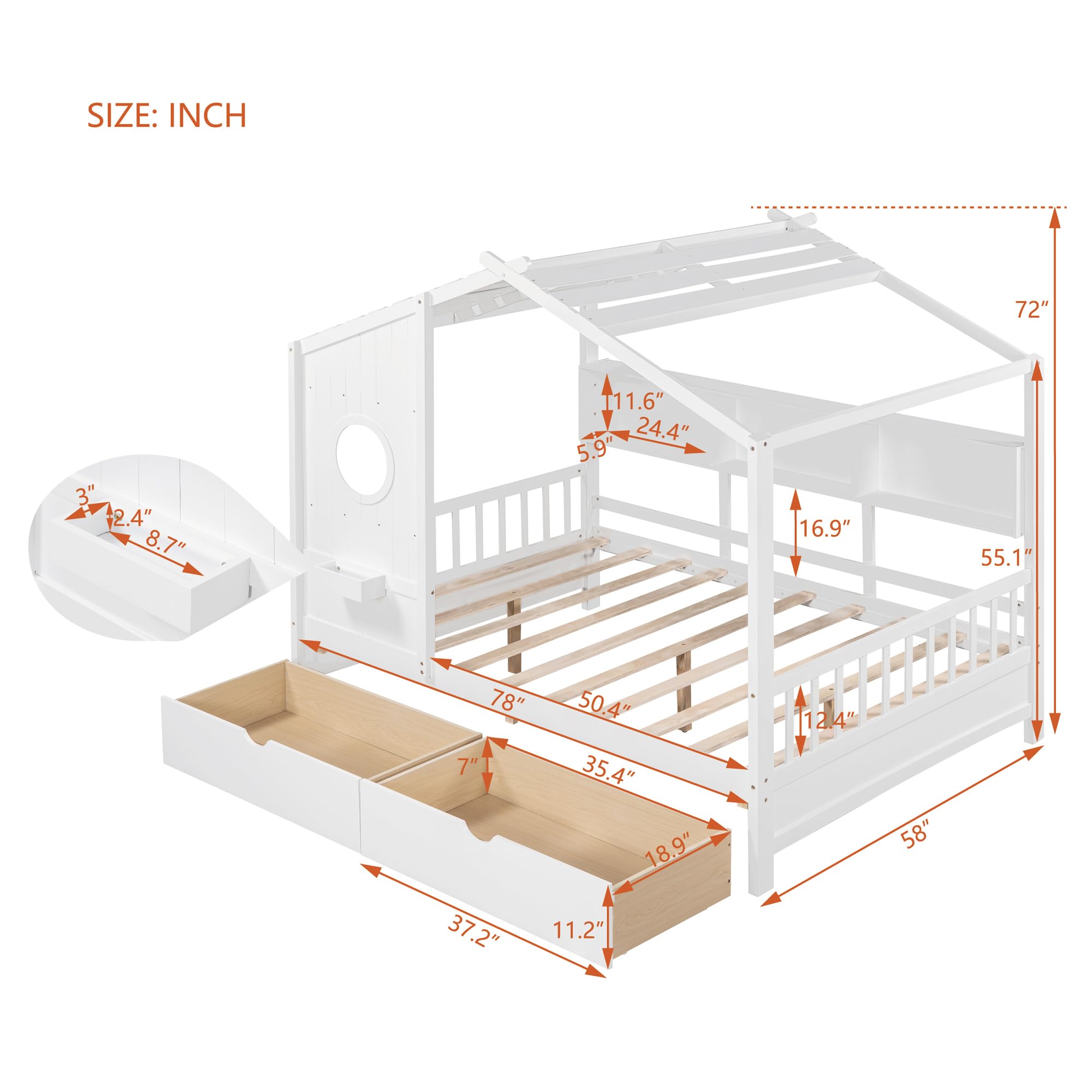 Merax Wood Full House Daybed with Drawers & Storage Shelves,Day Bed for Kids Boys Girls No Box Spring Needed White