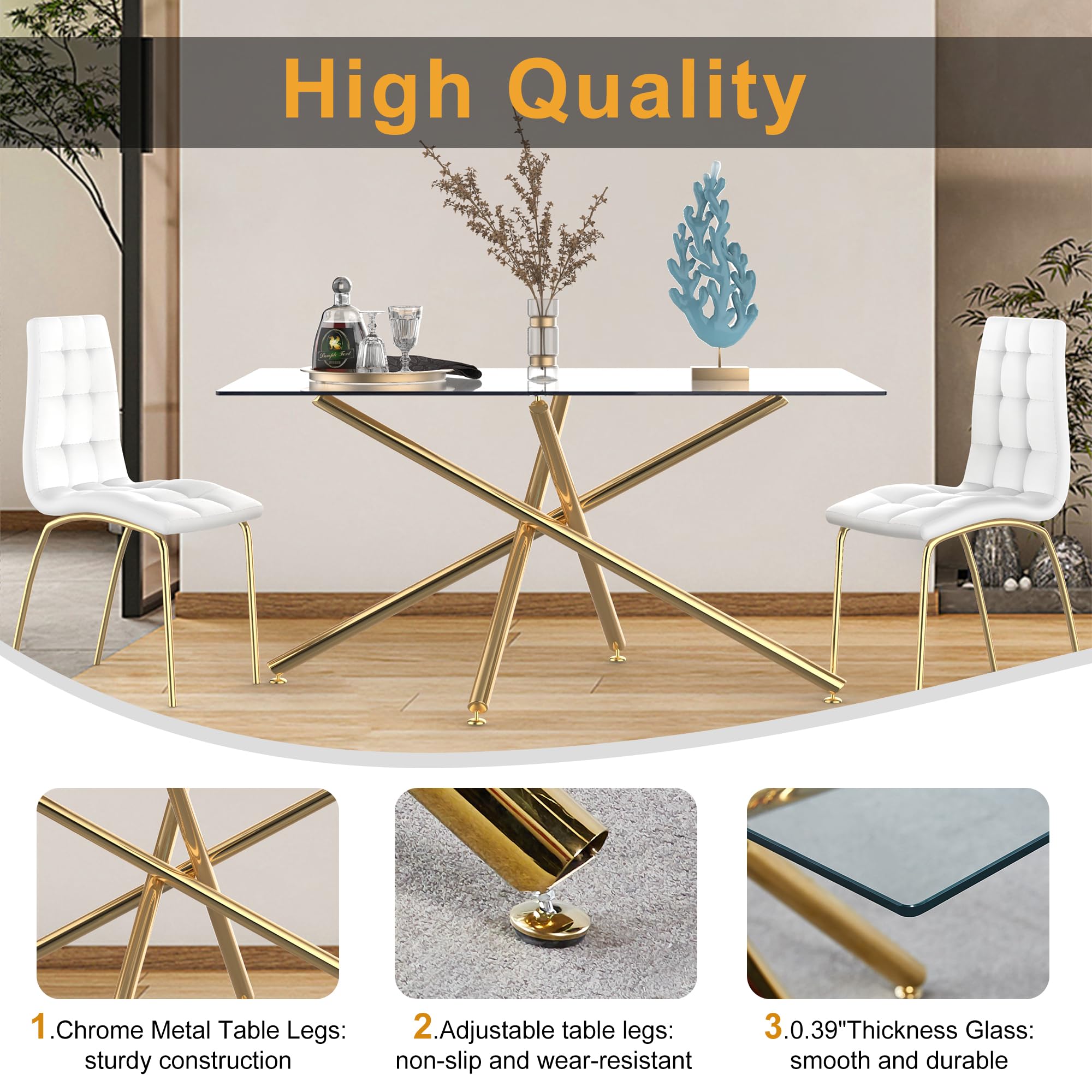 63 inch Glass Dining Table for 6, Modern Kitchen Table with Rectangular Tempered Glass Top and 4 Chrome Legs, Large Dining Table for Office Kitchen Living Meeting Room, Golden