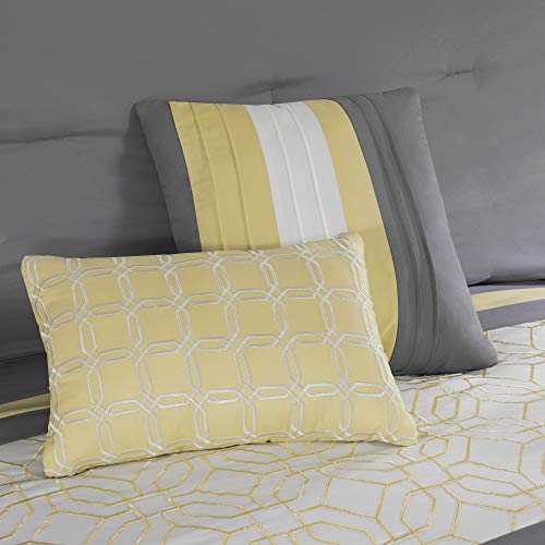 510 DESIGN Cozy Comforter Set - Geometric Honeycomb Design, All Season Down Alternative Casual Bedding with Matching Shams, Decorative Pillows, Full/Queen (90"x90"), Yellow/Grey 5 Piece