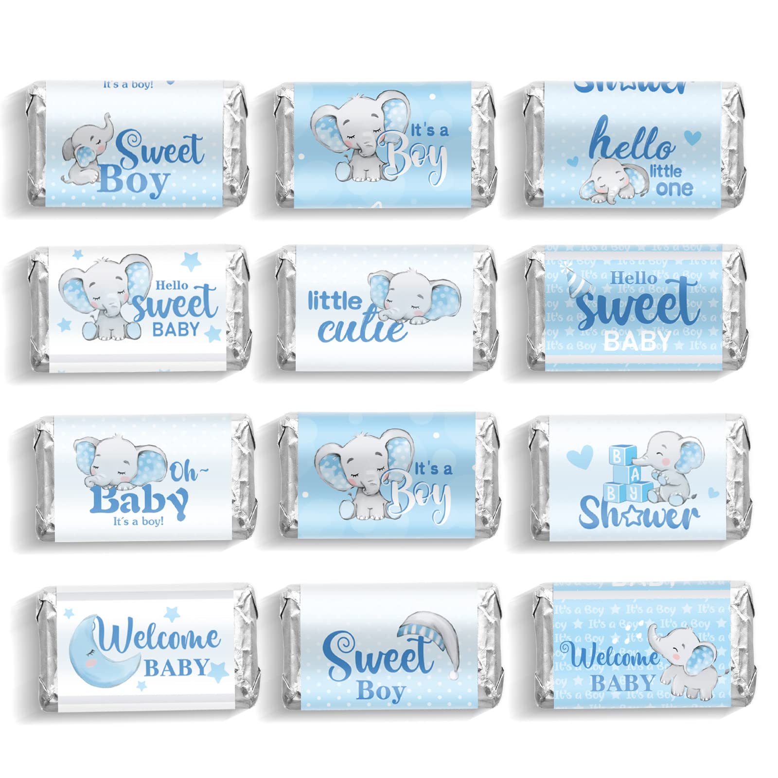 90 Pcs Elephants Candy Bar Wrappers Elephants Baby Shower Sticker Chocolate Label Bar Stickers Mini Candy Bar Miniatures Wrappers for Sprinkle Birthday Boy Girl Baby Shower Birthday Decor (Blue)