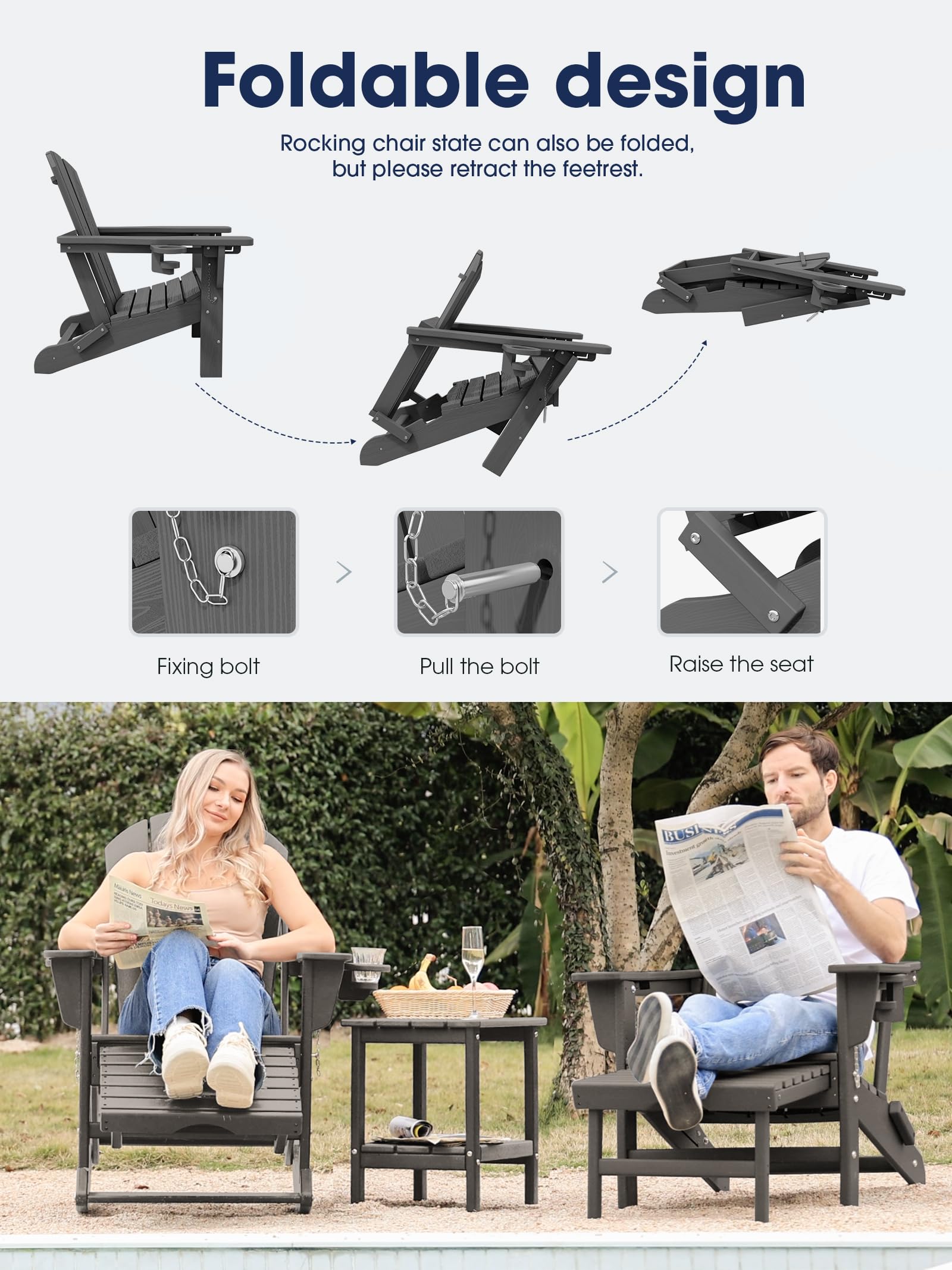 KINGYES Folding Adirondack Rocking Chair with Retractable Ottoman and Cup Holders, 4-in-1 Multifunctional HDPE Adirondack Chair for Porch, Patio, Balcony, Leaden Grey