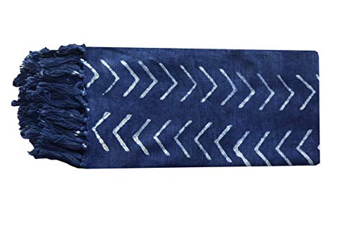 Trade Star 50 x 70 Inch Indigo Hand Block Printed Throw Blanket Boho Mudcloth Throw with Tassels Cozy Wrap Blanket Decorative Bed Throw (Pattern 7)