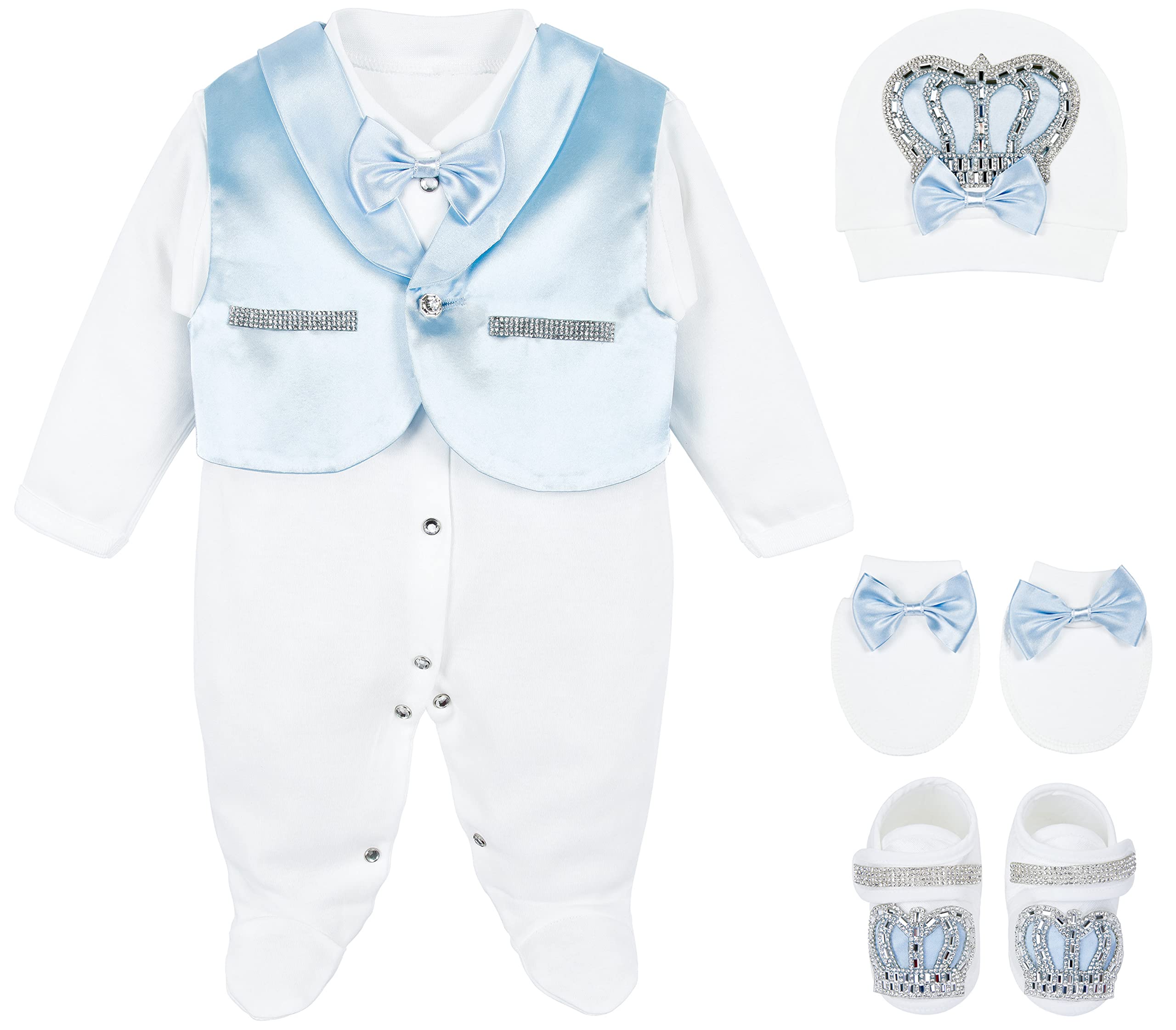 Lilax Baby Boy Jewels Crown Tuxedo Outfit Layette 5 Piece Gift Set 0-3 Months Blue