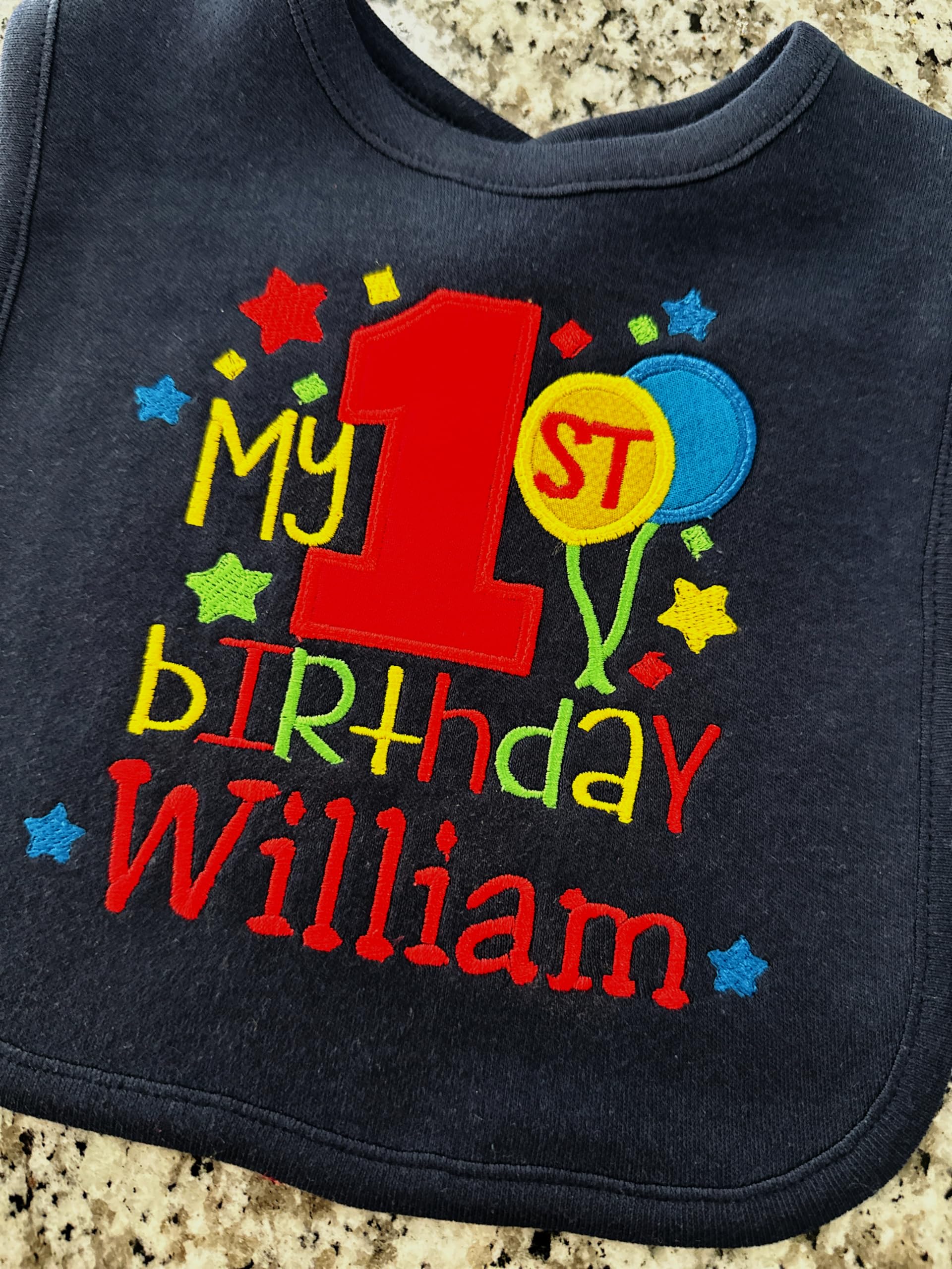 Fantasy Kids Designs First Birthday Boy Bib Personalized with Baby Name (Navy Blue Bib/Red)