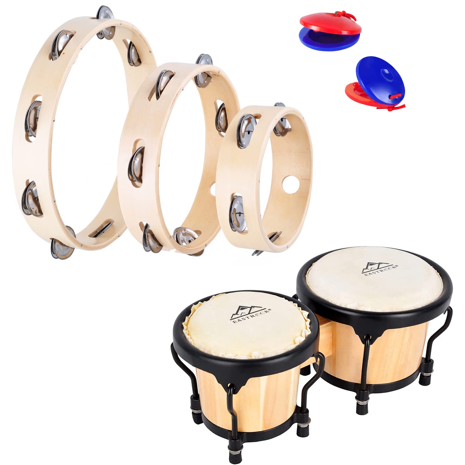 EASTROCK Hand Held Tambourine Ring 3 Packs and Bongos Drum 4”+5” Set Wood Percussion Instruments