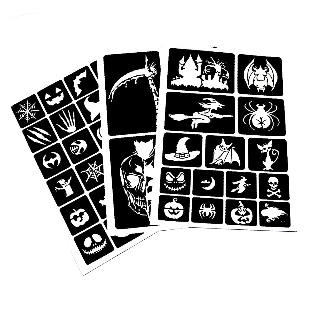 90Pcs Halloween Glitter Tattoo Stencils, Airbrush Tattoo Templates Kit Halloween Pumpkin Temporary Tattoo Stickers for Kids Drawing Template Party Props (6 Sheets)