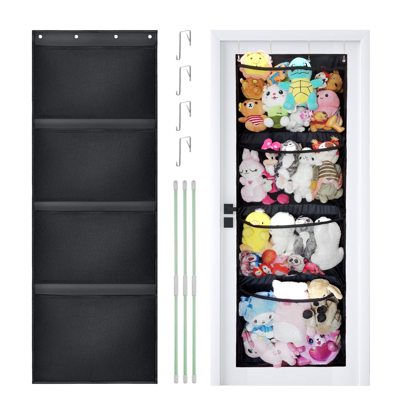 Adgoaler Over Door Stuffed Animal Storage, Stuff Animals Toy Organizer with 4 Large Pockets, Hanging Toy Plush Storage for Nursery, Bedroom, Easy Installation and Take (Black)