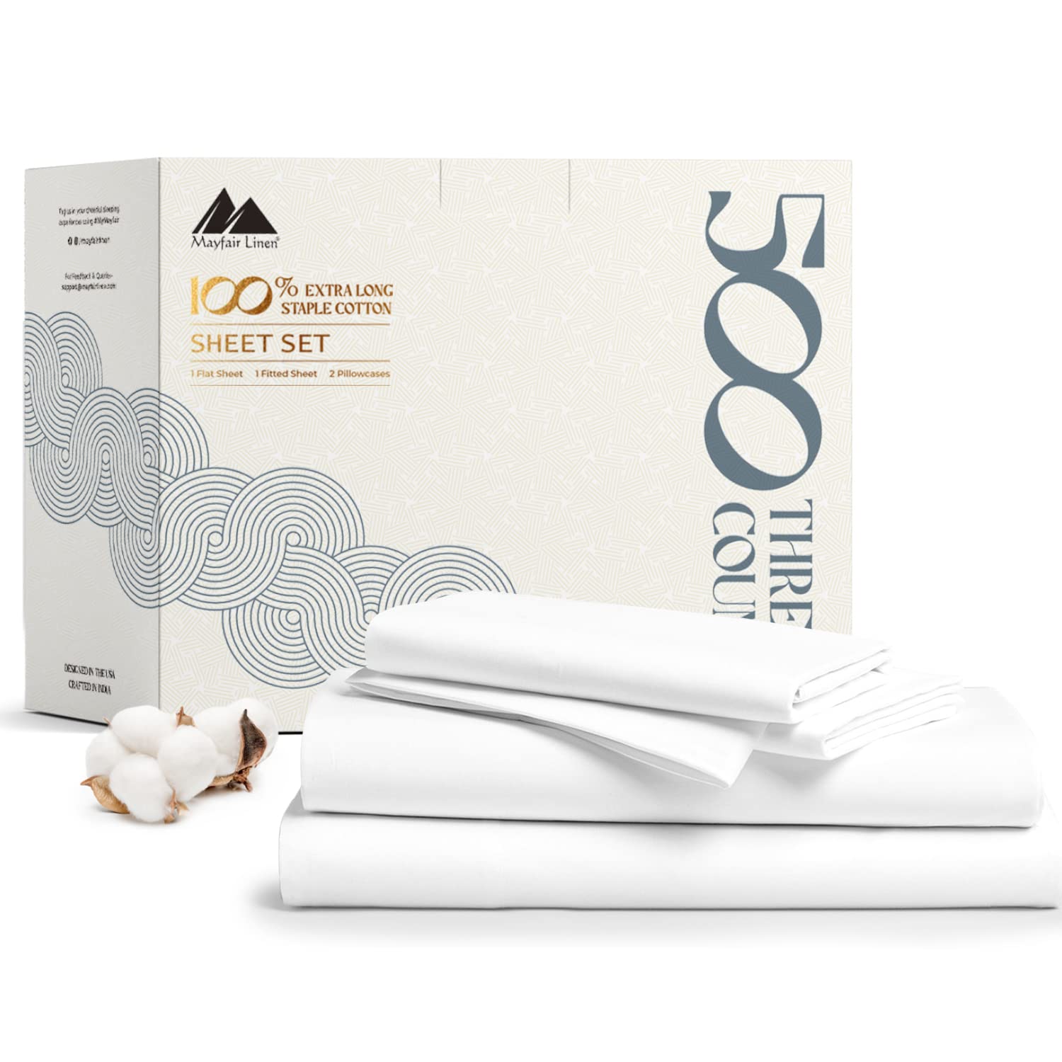 500 Thread Count 100% Cotton Sheet White King Sheets Set, 4-Piece Long-Staple Combed Pure Cotton Best Sheets for Bed, Breathable, Soft & Silky Sateen Weave Fits Mattress Upto 18'' Deep Pocket