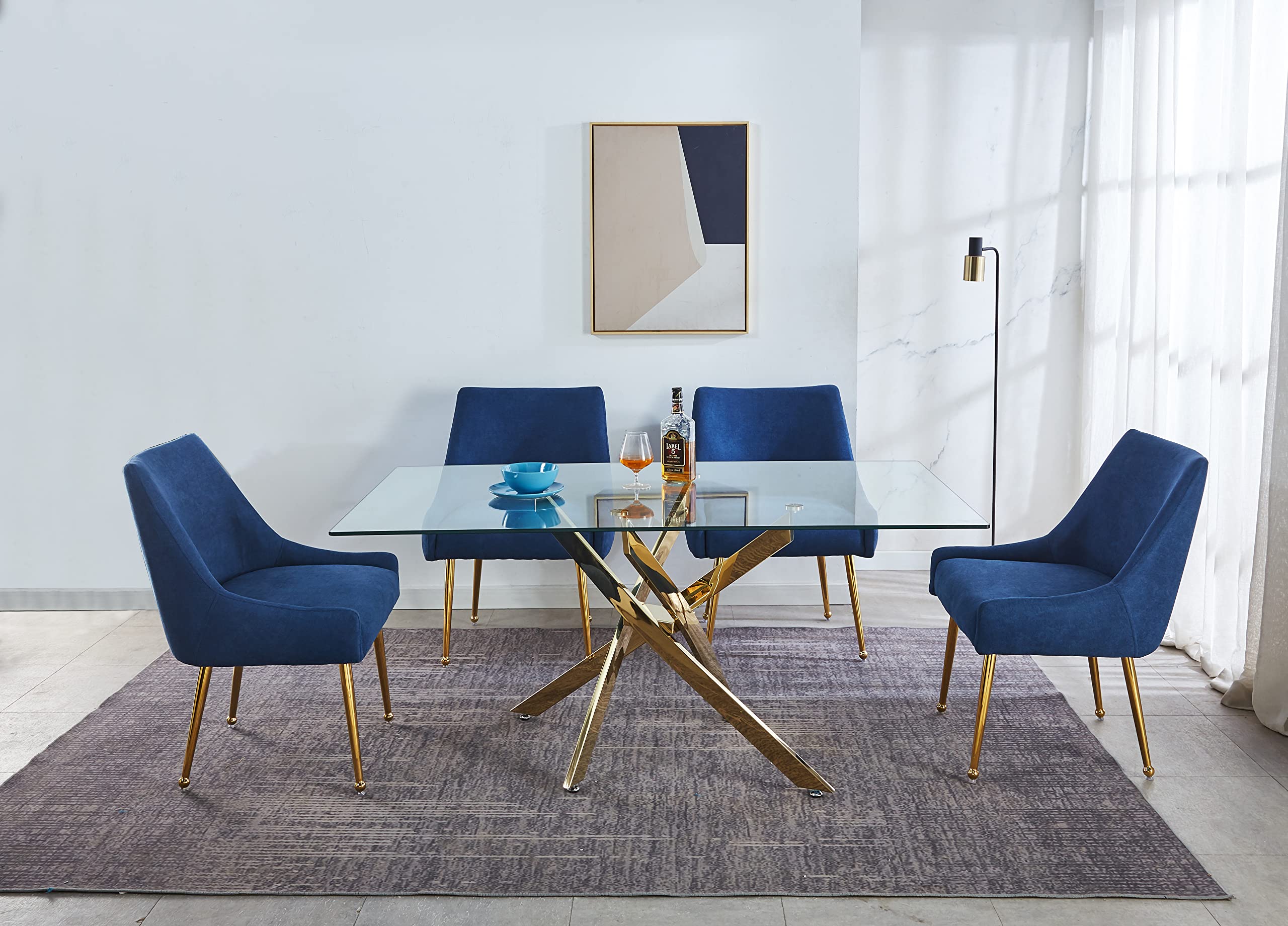 47β Round Dining Table for 4, 0.39" Tempered Glass Dining Table, Small Dining Table with Gold Stainless Steel Base, Round Clear Kitchen Table Writing Table Desk for Dining Kitchen