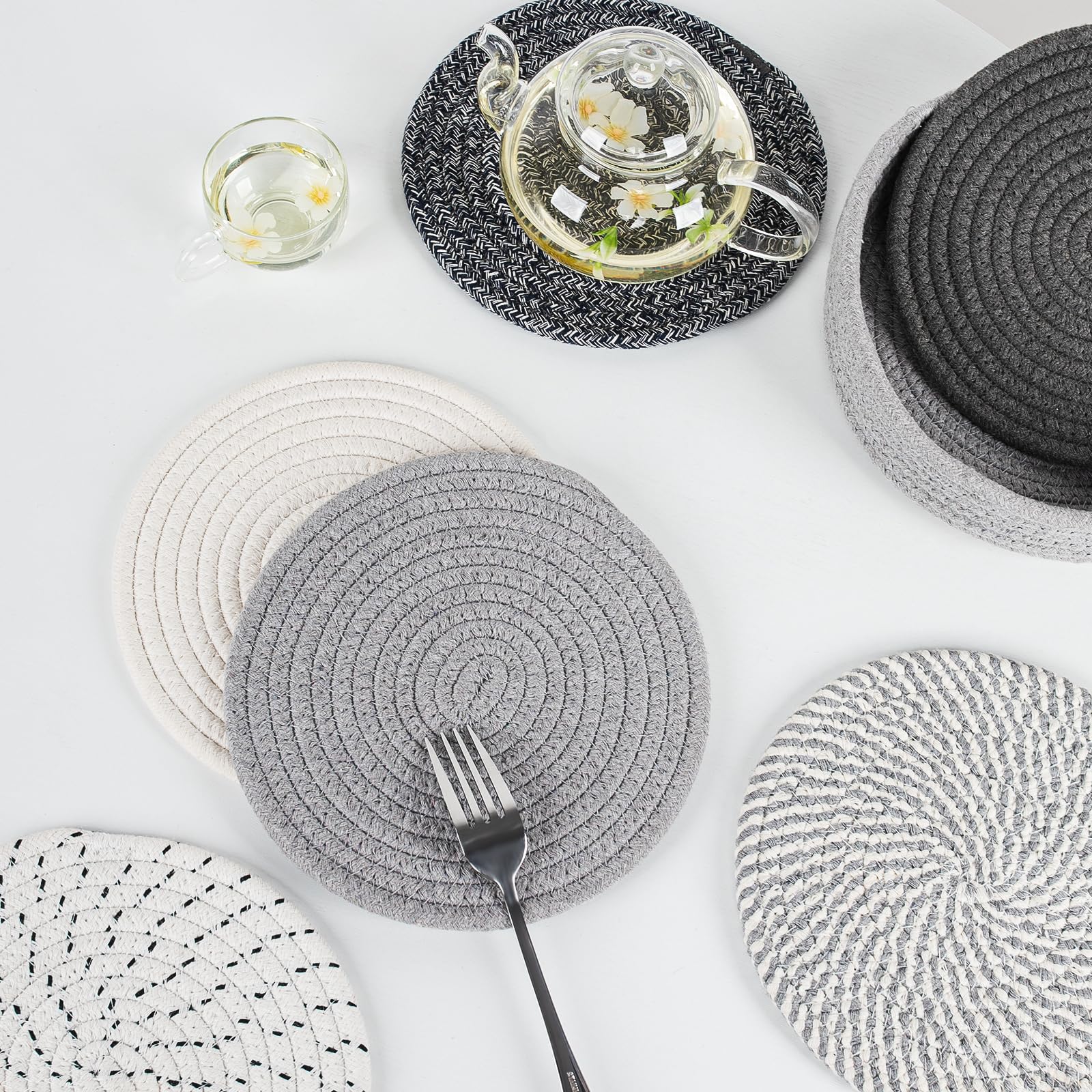 8" Trivets for Hot Dishes, Hot pots and Pans,6 Heat Resistant Hot Pads and Storage Basket 1 Pack,Pot Holders for Kitchen, Hot Plate Mats for Kitchen Countertops, Table, Home Essentials, Farmhouse Deco