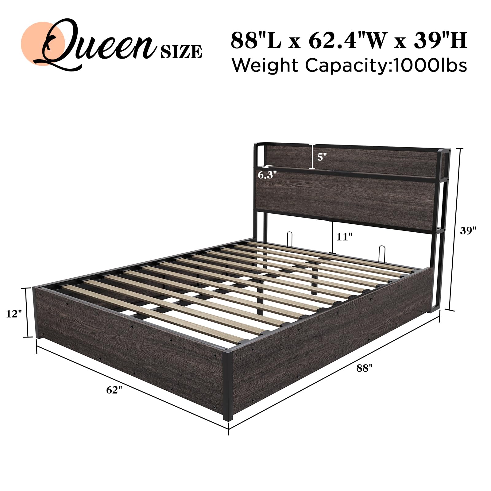 Albott Queen Size Lift up Storage Bed Frame, Wooden Platform Bed Frame with Storage Headboard & Charging Station, No Spring Box Needed/Noise Free, Black