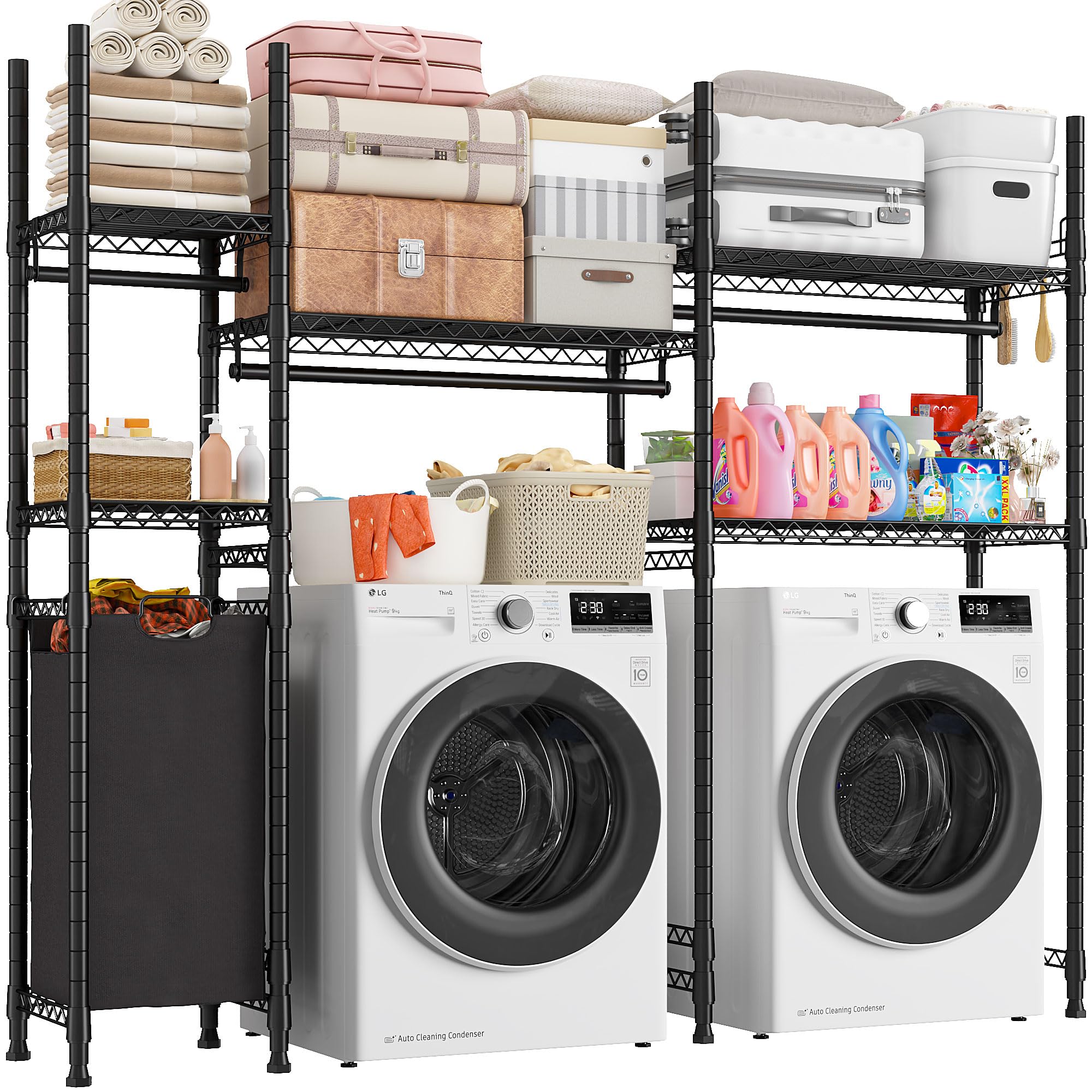 Raybee Over The Washer and Dryer Storage, Laundry Room Organization, Laundry Room Organization and Storage,78.7âW Laundry Room Shelves with Laundry Hamper and Hooks Washer and Dryer
