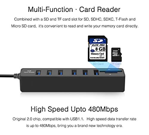 Leya-US LEYAYA Multi USB 2.0 Hub USB Splitter High Speed 6 Ports with TF SD Card Reader(Black) (Color : White)