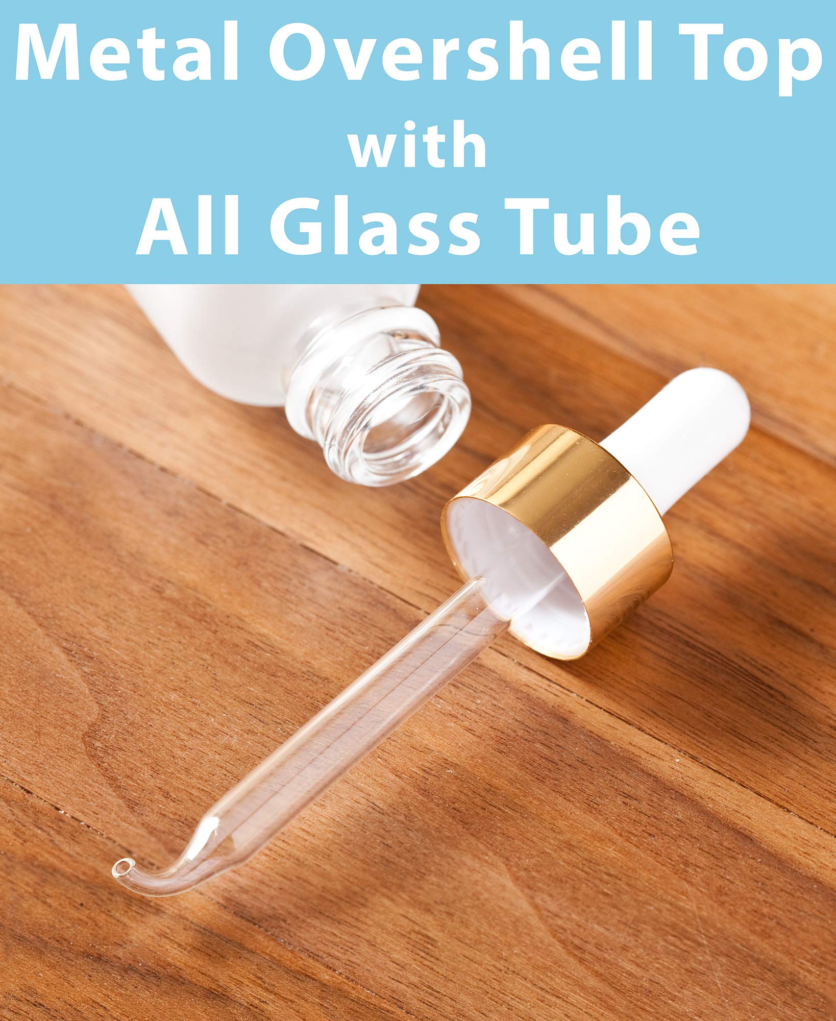 JUVITUS 1 oz Clear Frosted Glass Boston Round Bottle with Gold Metal Dropper (24 pack) + Funnel