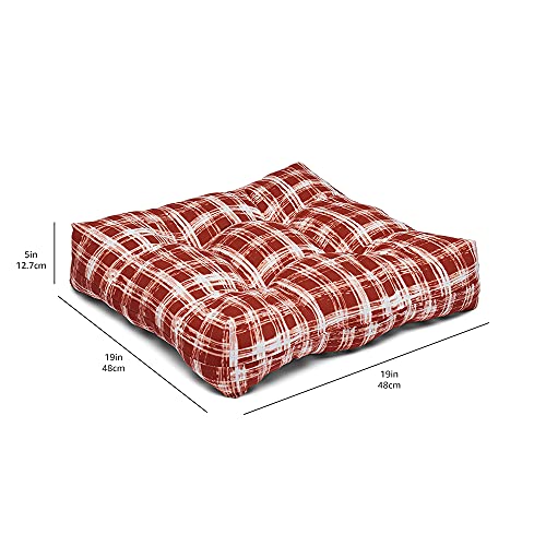 Amazon Basics Tufted Outdoor Patio Square Seat Cushion 19 x 19 x 5 Inches, Red Plaid Geo - Pack of 2