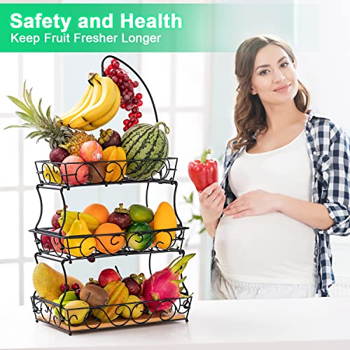 Fruit Basket Bowl, Vegetable Storage for Kitchen, 3-Tier Countertop Fruits Holder Rack with Banana Hanger, Food, Snack, and Bread Detachable Organizer Stand for Gift Large Capacity Fruit Tray