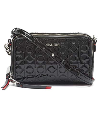 Calvin Klein Women's Marybelle Saffiano Double Zip Organizational Crossbody Bag, Black/Silver Patent Emboss, One Size