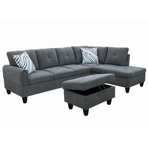 97” W Sectional Sofa with Chaise, Modular Sectional Sofa Set, Flannel Convertible Sectional Couch L Shaped Couch with Chaise, U Shaped Modular Sofa with Storage, Couches for Living Room, Dark Grey