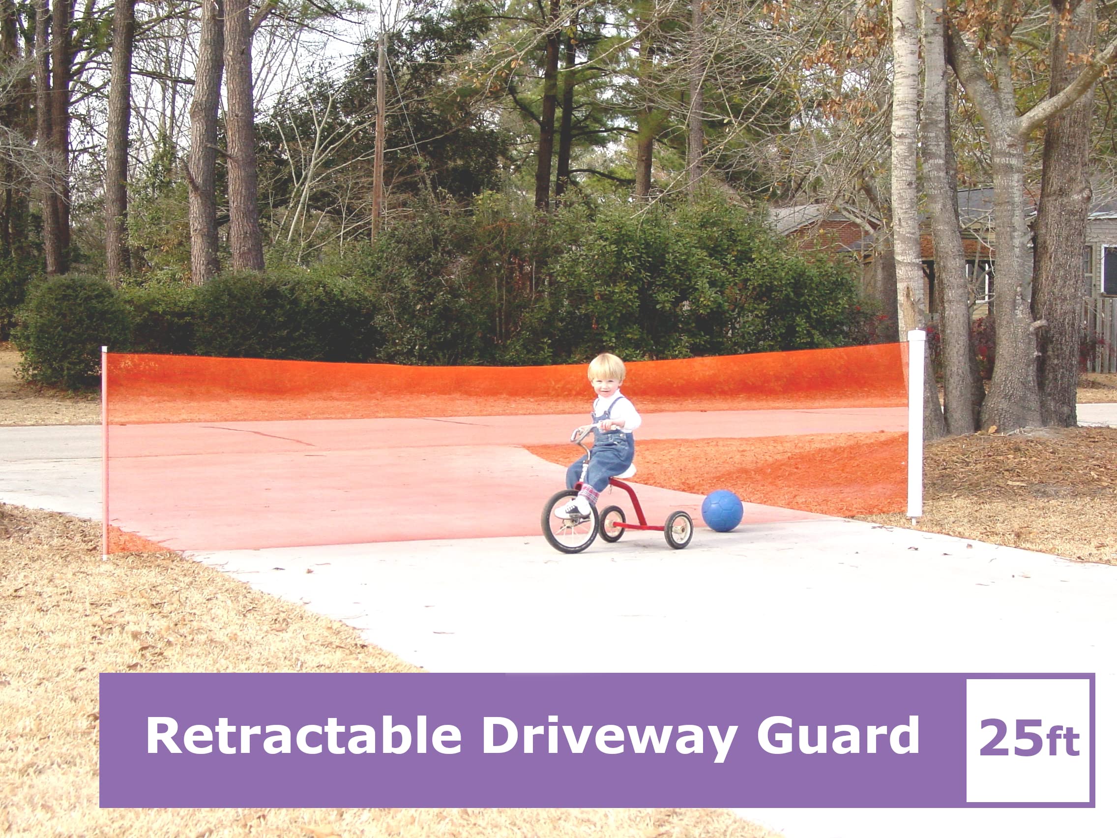 Kidkusion Retractable Driveway Guard, Orange, 25' Driveway Safety; Made in The USA; Outdoor; Visual Barrier; Adjustable