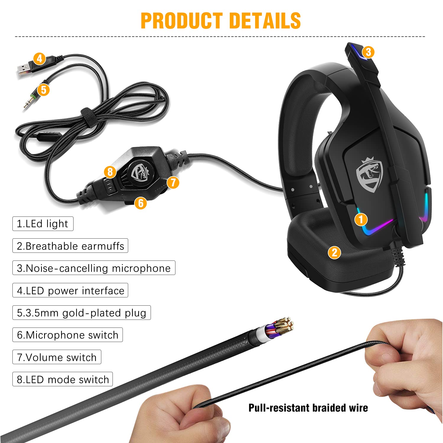 52HZ Gaming Headset, Hurround Hound Headset, Cool LED Light Headphone with Mic Light, PC Headset, Excellent Sound Quality Over-ear Headset for PC, Xbox One, Xbox series X|S, PS5, PS4, Black