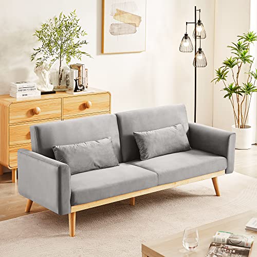 AWQM Velvet Futon Sofa Bed, Memory Foam Couch Set, Upholstered Modern Daybed Convertible Folding Loveseat Recliner with Pillows and Wooden Frame for Compact Living Room, Apartment, Dorm, Office (Grey)