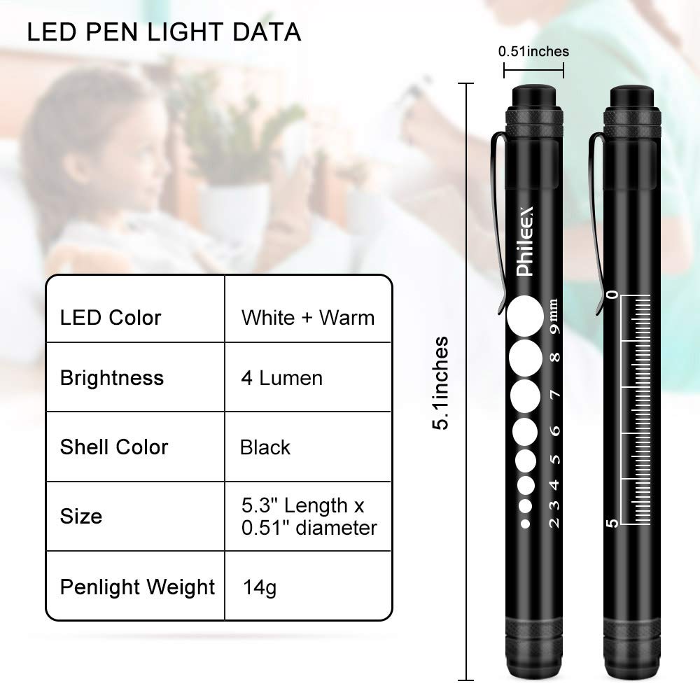Pen Light, Phileex Medical Pen Light Nurse Pen Lights with Pupil Gauge for Nurses Nursing Students Doctors 2pcs Black with Batteries