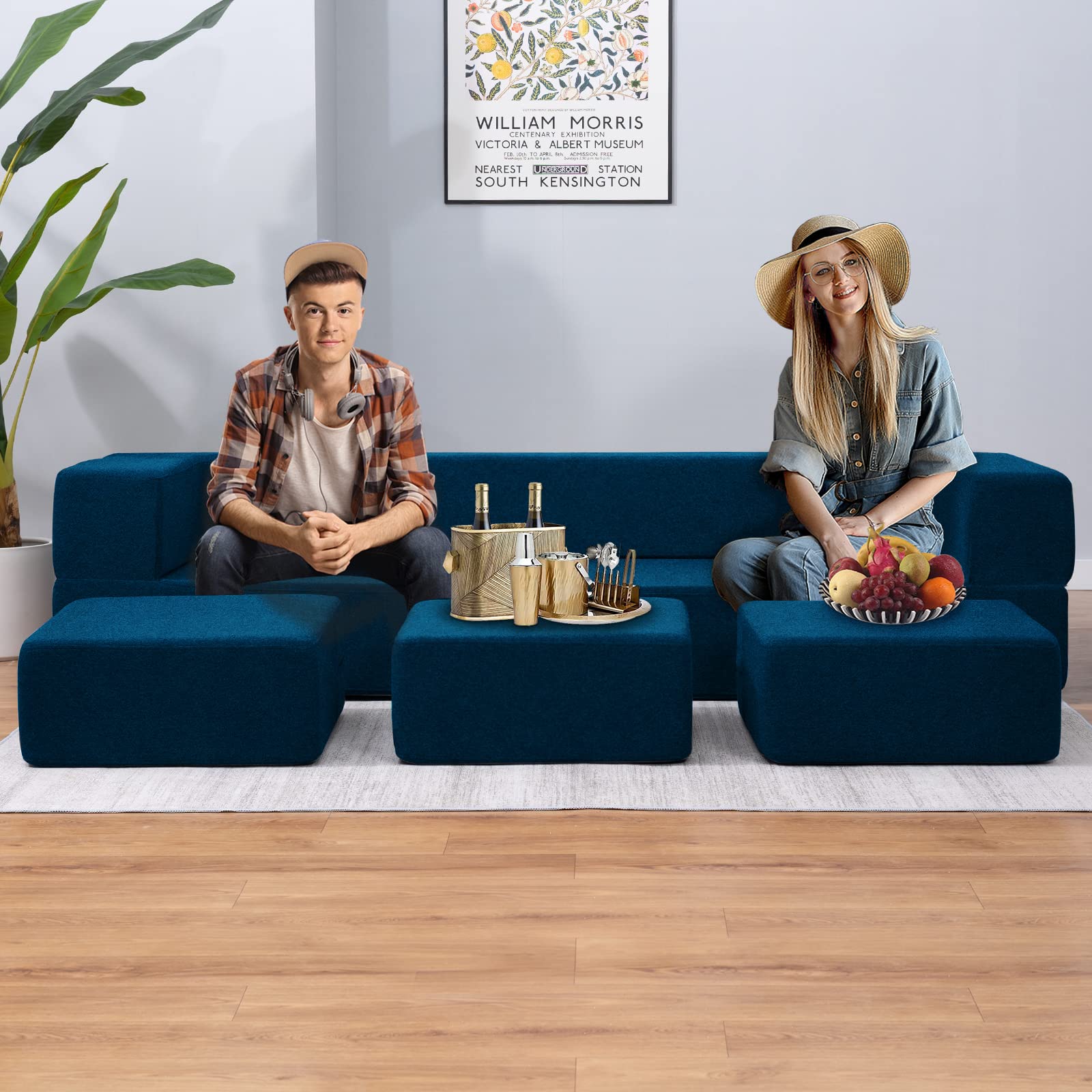 BALUS Folding Bed Couch, Sleeper Foam Sofa Bed, Cushioned Foam Mattress Comfortable Sofa, Floor Couch Sleeper Sofa Foam with 3 Ottomans for Living Room/Bedroom/Guest Room/Home Office (Blue)