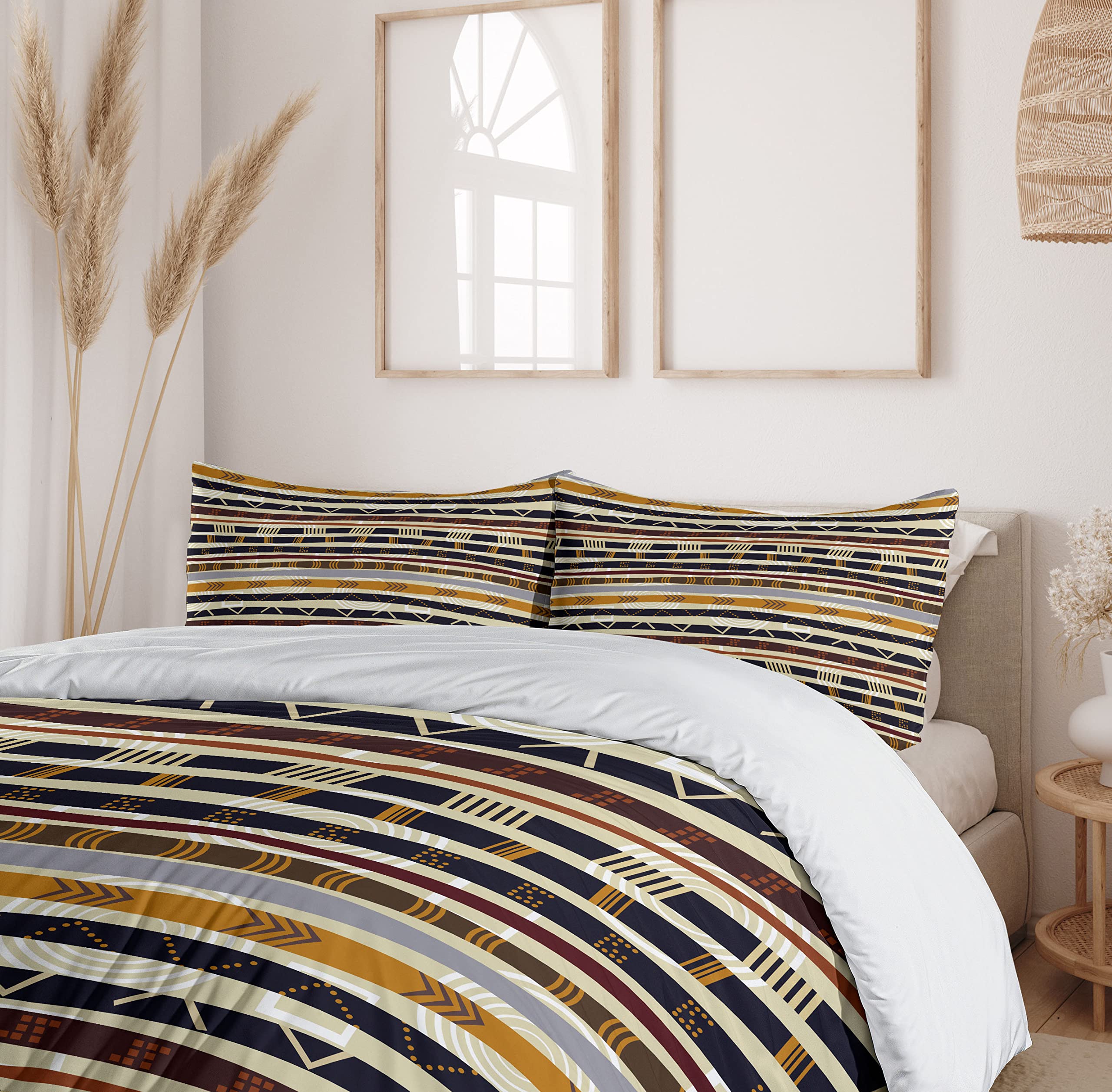 Ambesonne Abstract Duvet Cover Set, Ethnic Style Geometric Forms Striped Pattern on Bold Earth Tones Print, Decorative 3 Piece Bedding Set with 2 Pillow Shams, King Size, Orange Cream