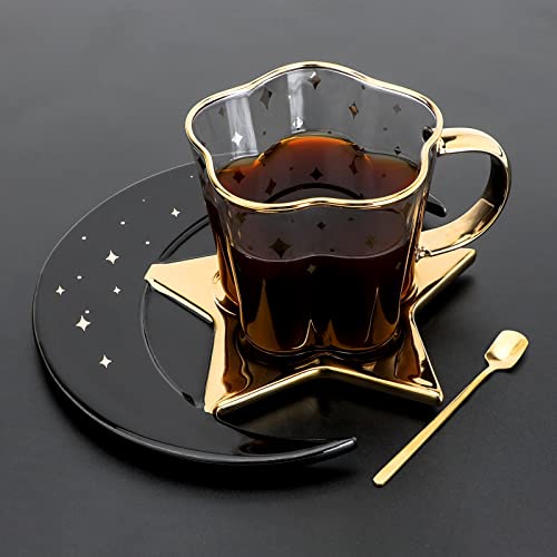 8.1 oz/240 ml Glass Coffee Cup And Ceramic Star Moon Saucer With Spoon Set Golden Handle Glass Cup Afternoon Tea Juice And Water Drinks cup (black)