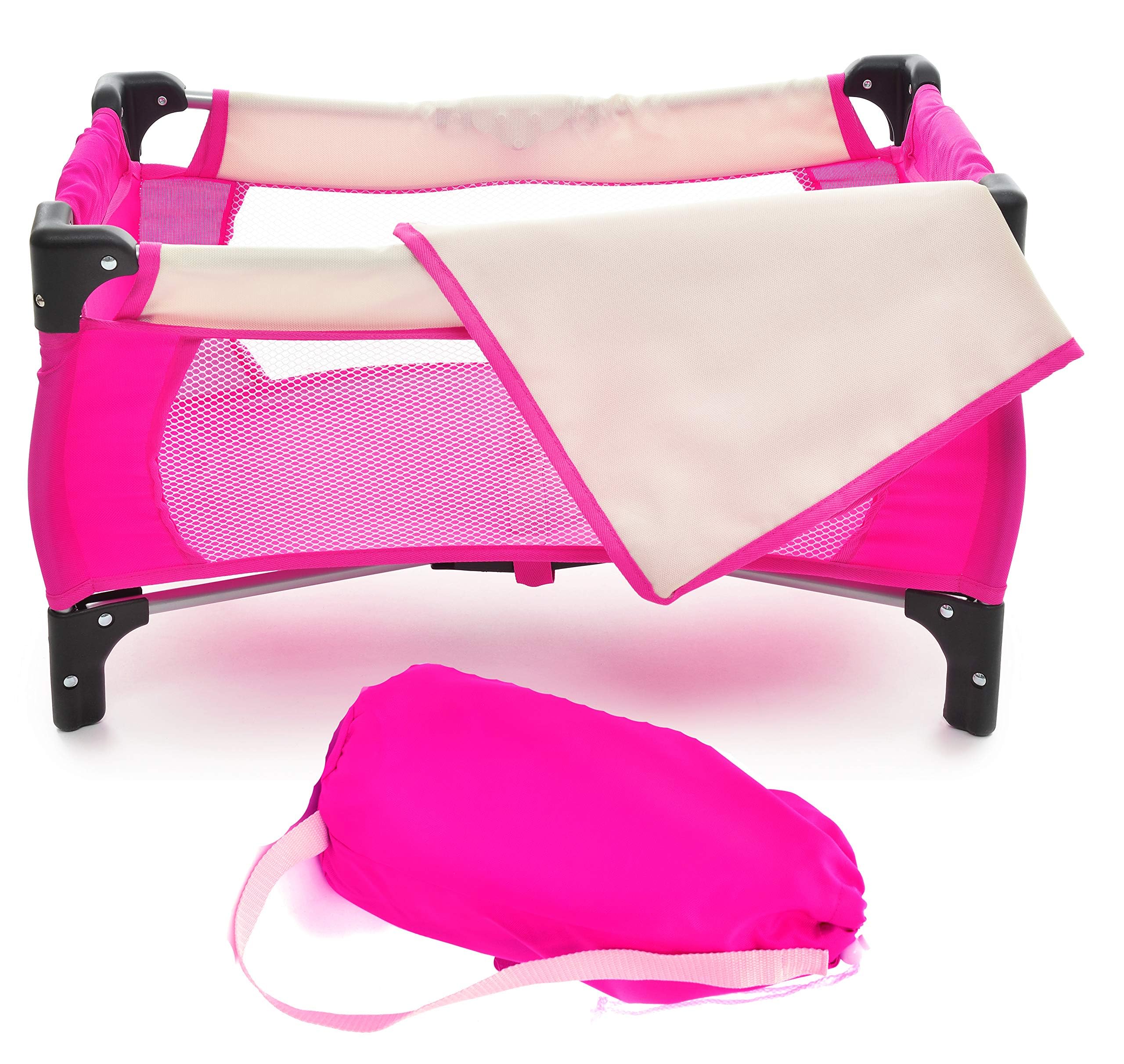 fash n kolor Doll Pack N Play Crib Fits up to 18" Dolls Blanket and Carry Bag Included (Hot Pink)