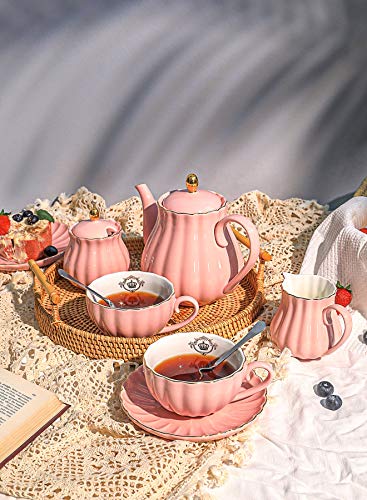 Amazingware Porcelain Tea Set - Tea Cup and Saucer Set Service for 6, with 28 oz Teapot Sugar Bowl Cream Pitcher Teaspoons and Tea Strainer - for Thanksgiving - Pumpkin Fluted Shape, Pink