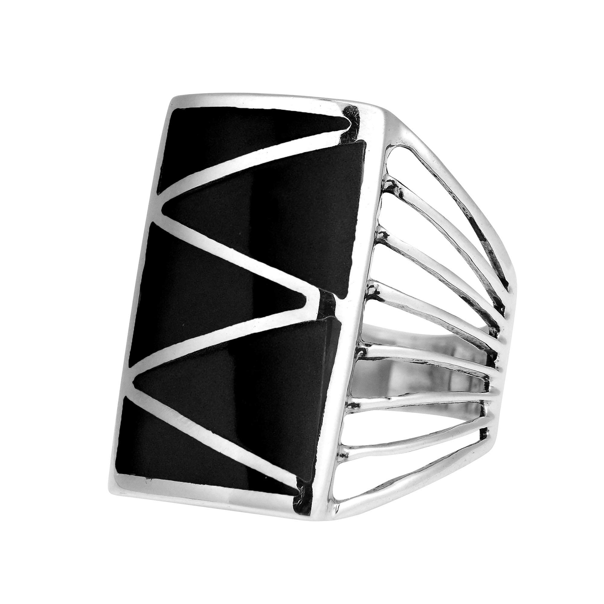 AeraVida Stripe Line Zig-Zag Simulated Black Onyx .925 Sterling Silver Ring black