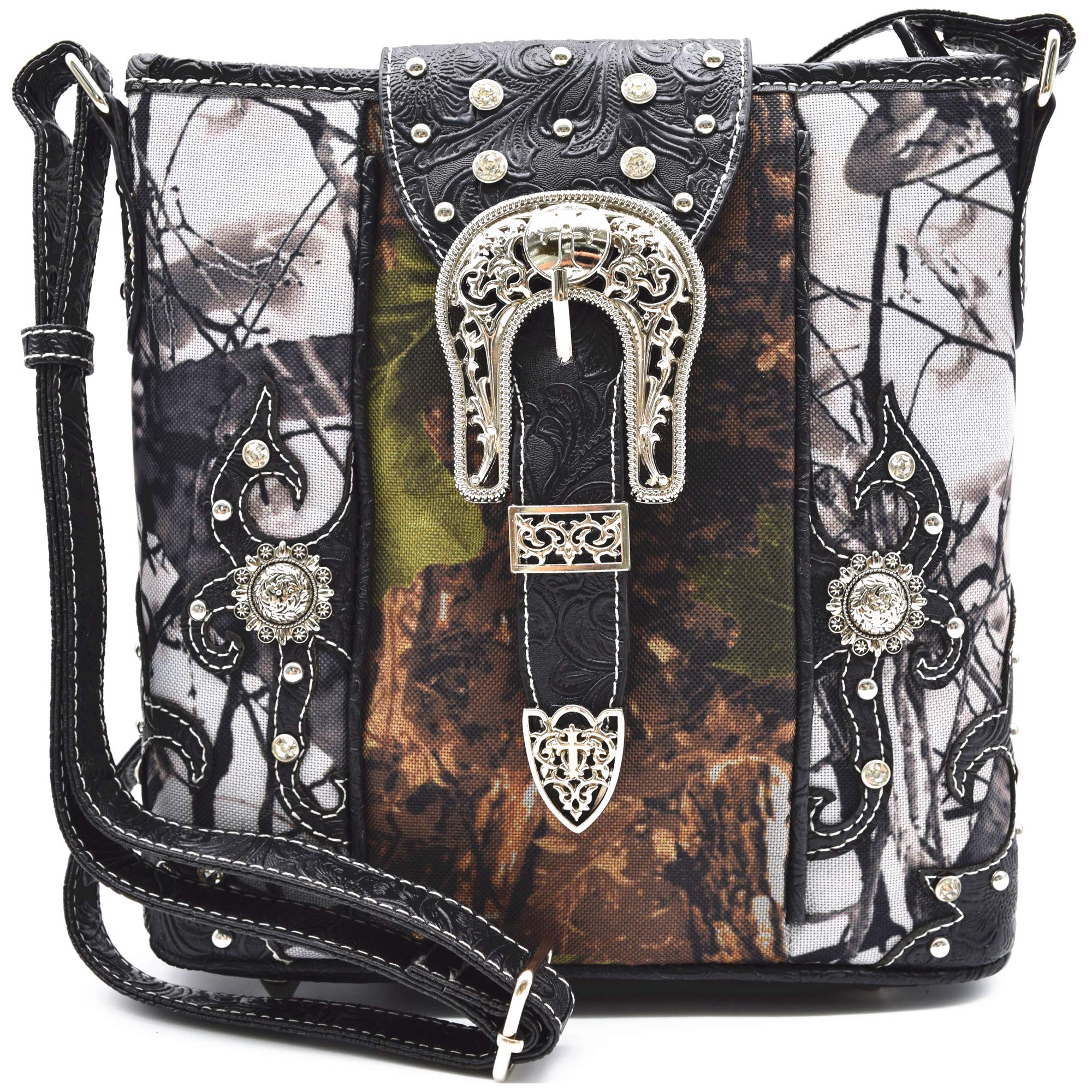 Camouflage Rhinestone Cross Pistol Buckle Western Crossbody Handbags Cowgirl Country Studded Purse Women Single Shoulder Bag (#1 Black)