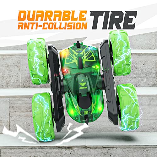 BEZGAR LED Remote Control Car for Boys, 2.4GHz Double Side 360 Flips RC Stunt Car for Boys 8-12, 4WD All Terrain Stunt Car with Rechargeable Battery