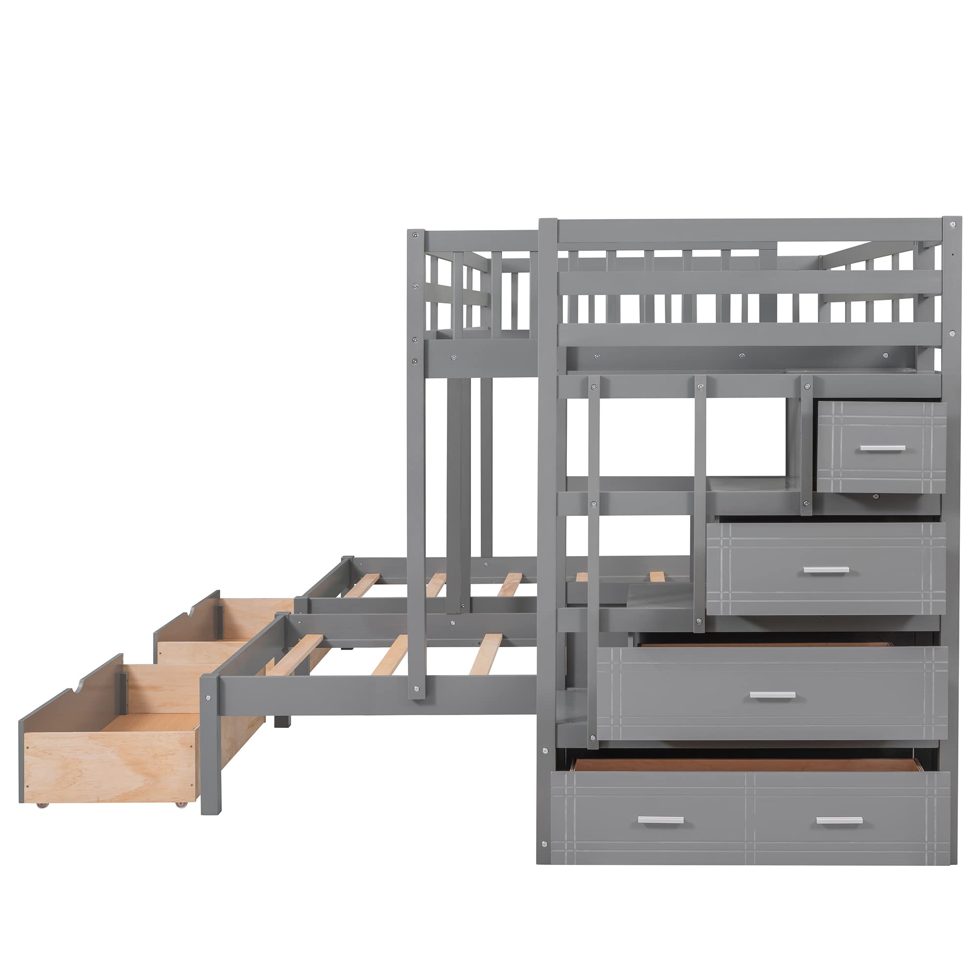 Full Over Twin & Twin Bunk Bed, Wood Triple Bunk Bed Frame with with Staircase, Drawers and Guardrails, Multi-Functional Bunk Bed for Kids, Teens, Adults (Gray*Staircase)