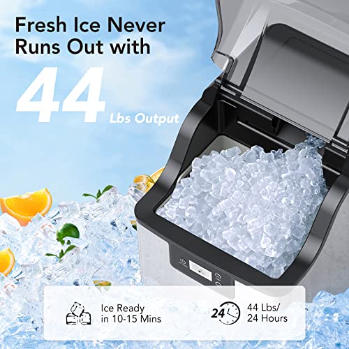 ACONEE Nugget Ice Maker,Stainless Steel Countertop Pebble Ice Maker, 44LBs/24H, Self-Cleaning & Timer Function, Portable Sonic Ice Maker with Ice Basket & Scoop for Home, Bar