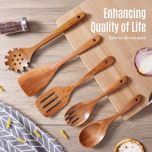 5 PCS Wooden Spoons for Cooking Natural Teak Kitchen Utensils Smooth Non-Stick Surface Cooking Utensils Set Soft Comfort-Grip Wooden Utensils for Cooking