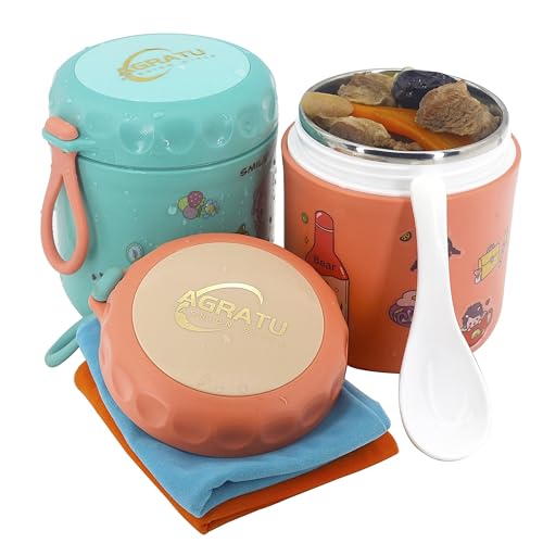 AGRATU 2 Pack 13.5oz Thermos for Hot Food Kids Lunch Box Set with Spoon Food, Leak Proof Insulated Lunch Box Container for Kids (Green/Pink)