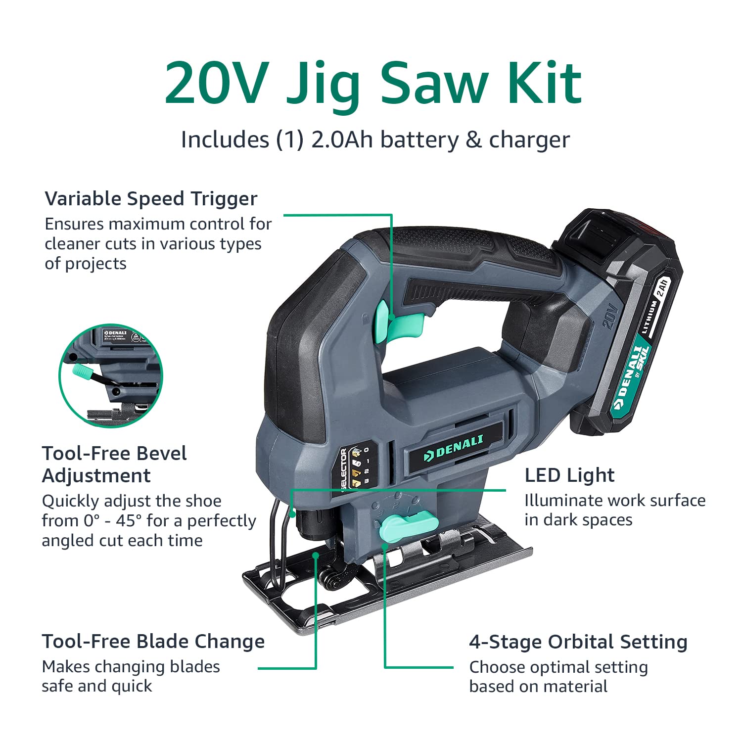 Amazon Brand - Denali by SKIL 20V Cordless Jig Saw Kit with 2.0Ah Lithium Battery and 2.4A Charger, Blue