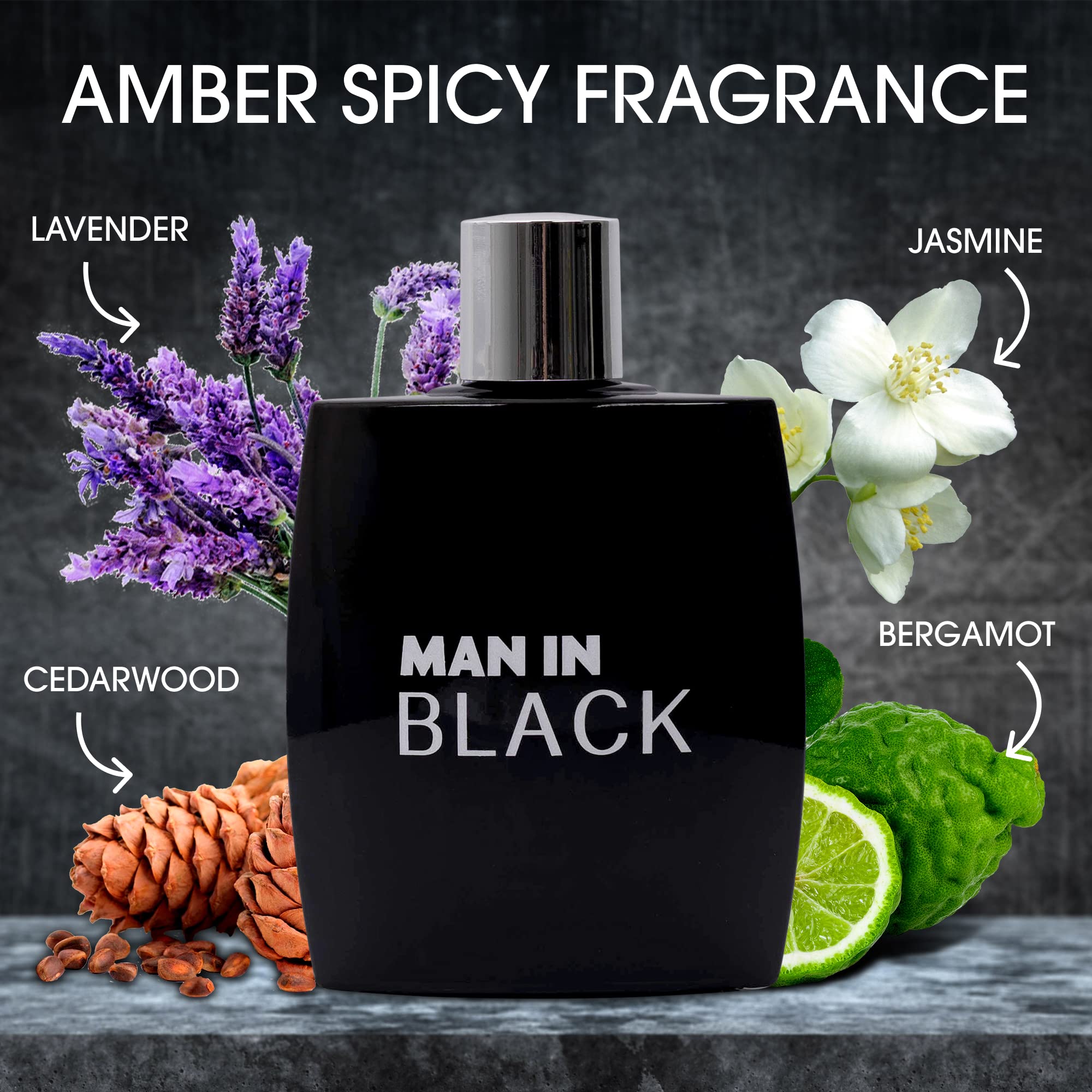 NovoGlow Man in Black for Men - Luxurious Aroma in Each 3.4 fl Oz Black Glass Bottle - Top Notes of Bergamot and Pineapple Formulated with Essential Oils - Fantastic Gift Choice - Grey Suede Pouch