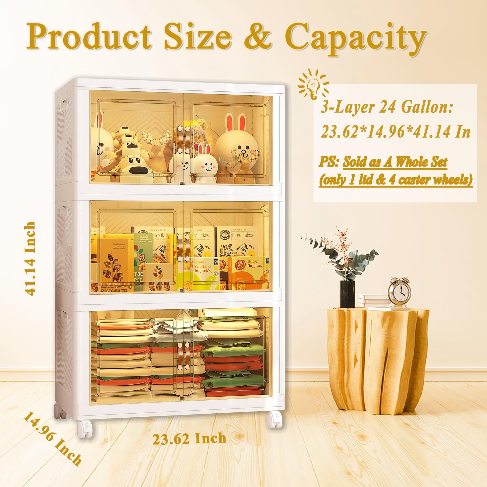 Jacriah Plastic Drawer Storage Bins with Lid, Stackable Storage Bins Open Front, Closet Organizers and Storage Cabinet with Doors and Shelves, Collapsible Storage Bins with Wheels (3 Layer-24 Gallon)