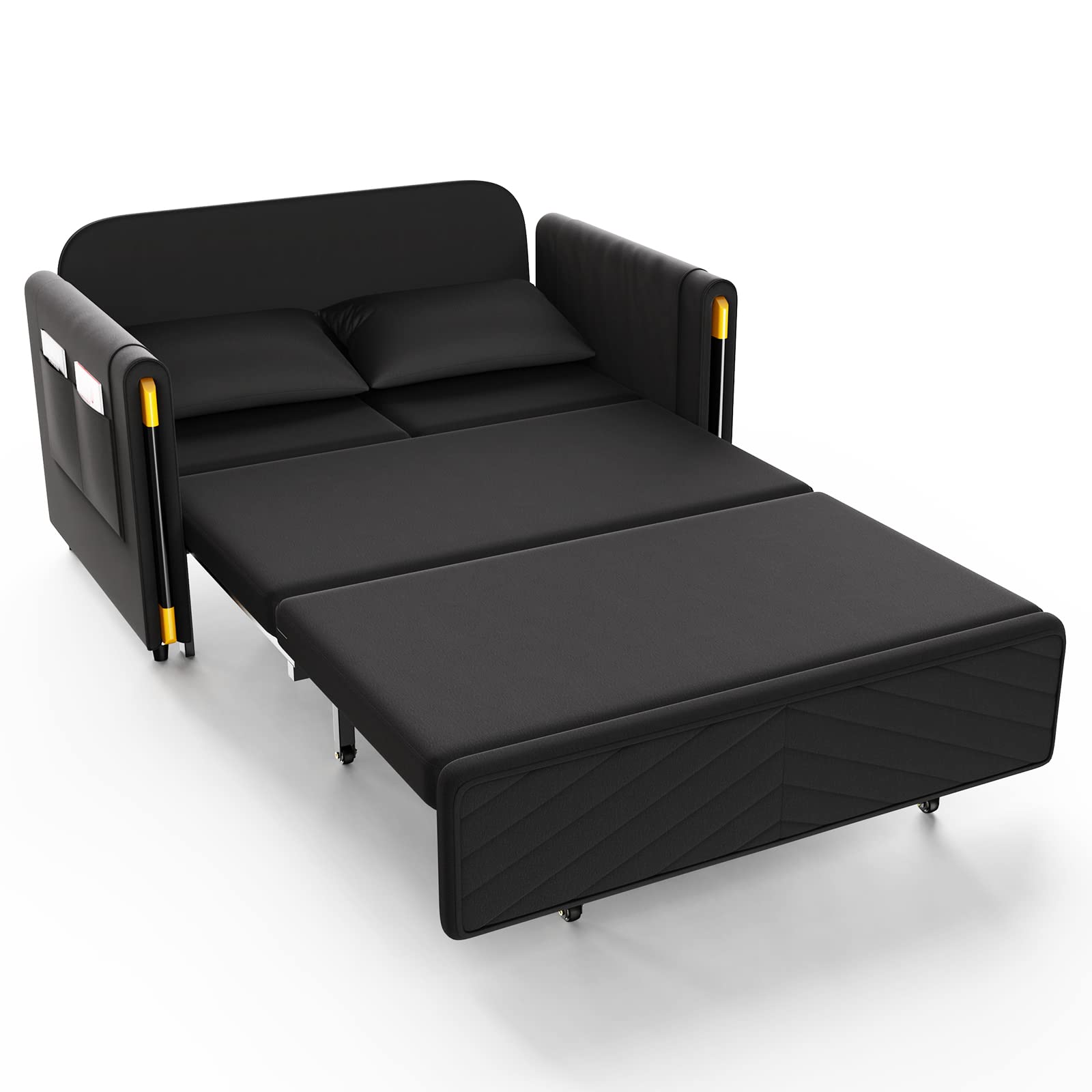 54" Pull-out Sofa Bed, 3 in 1 Linen Fabric Modern Convertible Sleeper Sofa 2-Seater Loveseats with Two Pillows and Arm Pockets for Living Room, Home, Office, Bedroom - Black