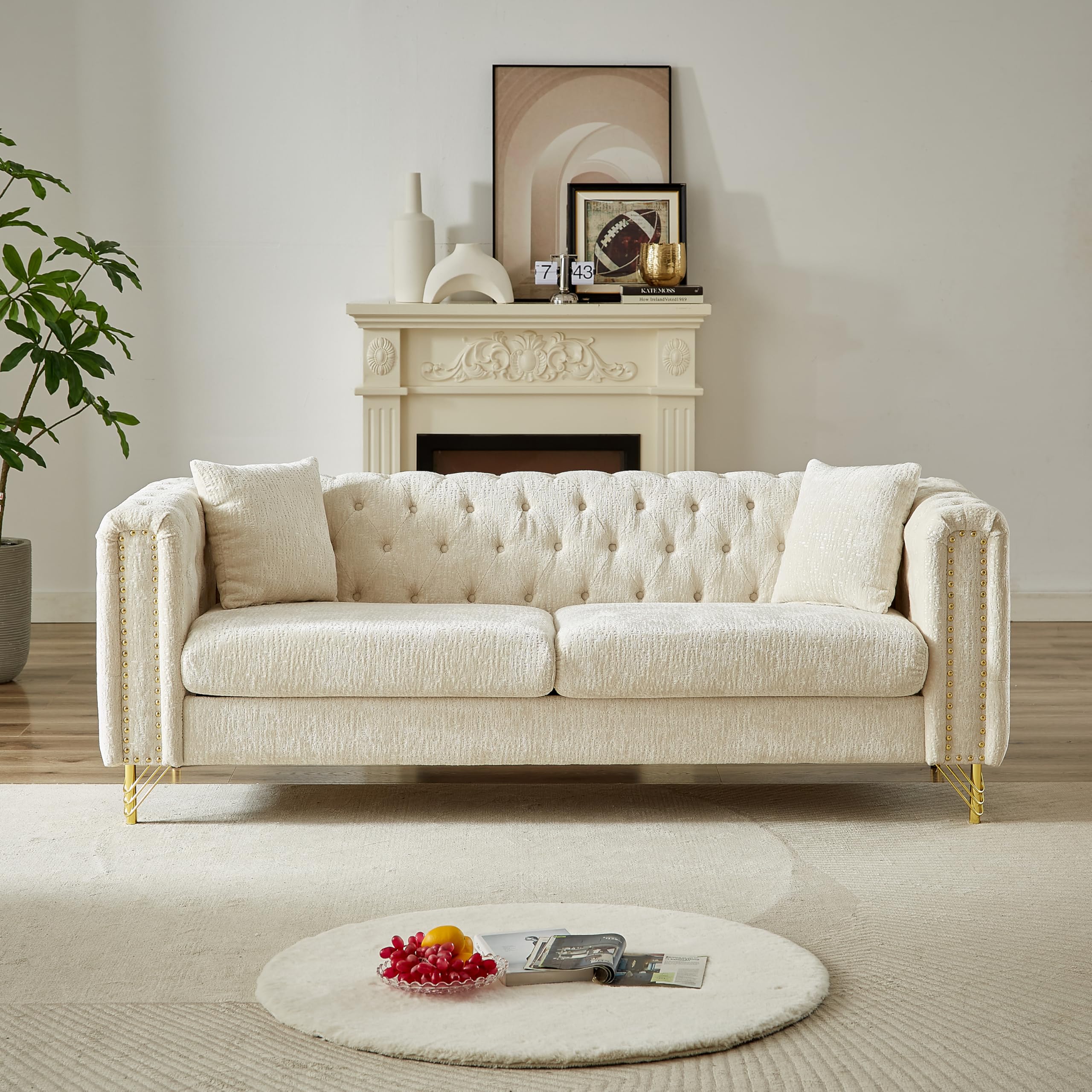 82 Inch Modern Living Room Chenille Sofa,Extra Deep Seats Sofa With Copper Nail Decoration Armrest,Chenille Pull Buckle Design Sofa,Comfy Loveseat Sofa with Metal Legs, Easy to Install(Beige)