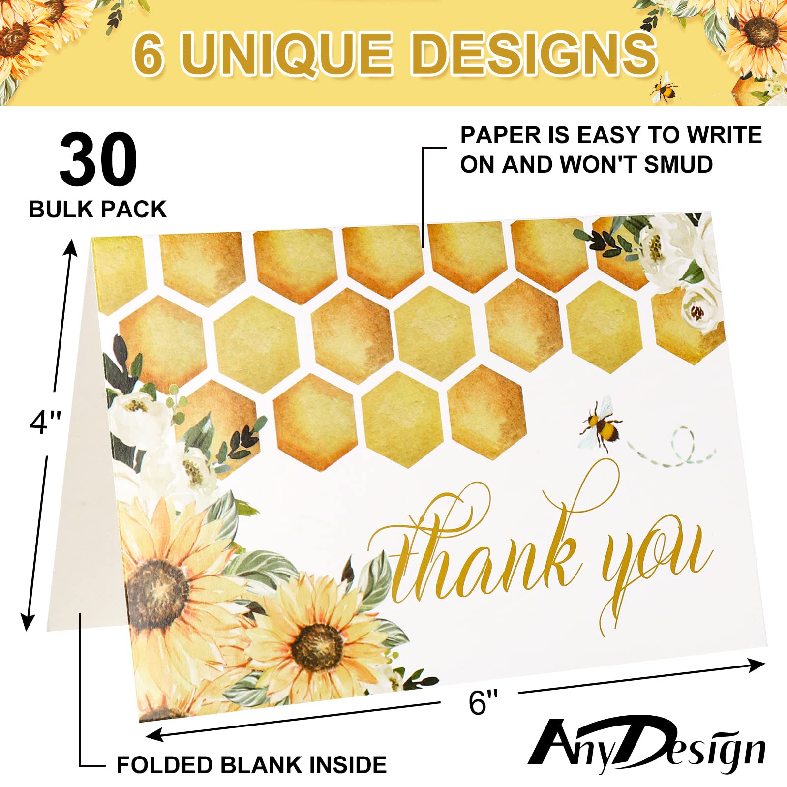 AnyDesign Sunflower Bee Thank You Cards Bulk 30 Pack Thank You Notes with Matching Seal Stickers Envelopes Blank Greeting Note cards for Wedding Baby Shower Bridal Birthday Party Invitation