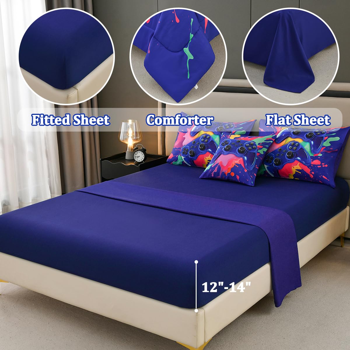 Tasselily Game Console Full Comforter Set with Sheets, Microfiber 6 Pcs Bed in A Bag Full Size Gamer Bedding Set for Boys Kids Teens