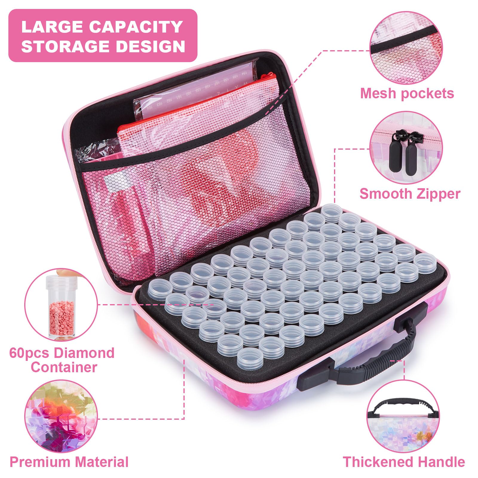 Fixm Diamond Painting Storage Container, 60 Slots Diamond Painting Accessories and Portable Diamond Painting Storage Box, Diamond Tool Set, Diamond Art Storage Box Jewelry Bead Storage Box - Pink